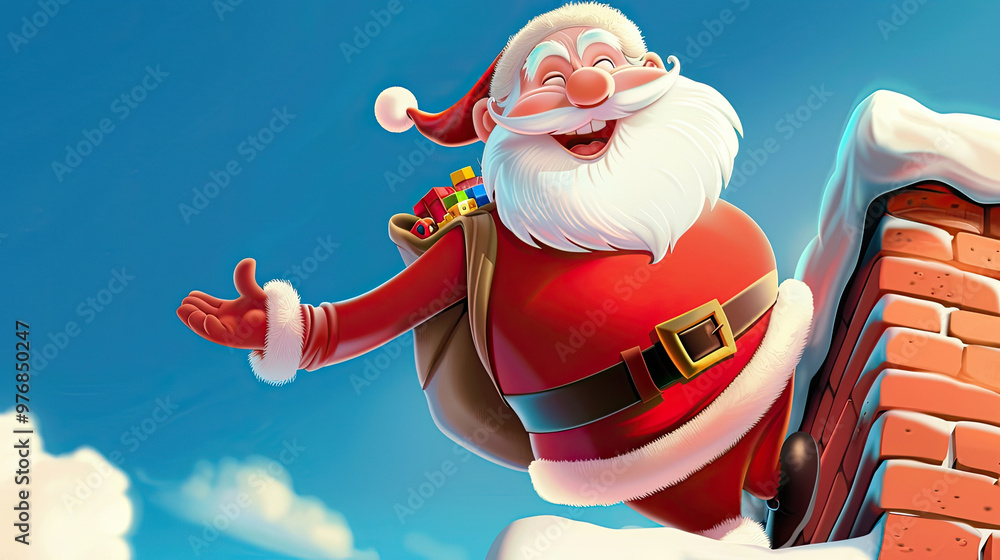 Jolly Cartoon Santa with Large Belly and Fluffy Beard Sneaking Down ...