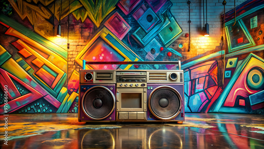 Retro 1980s boombox in graffiti covered room with cassette tapes, retro ...