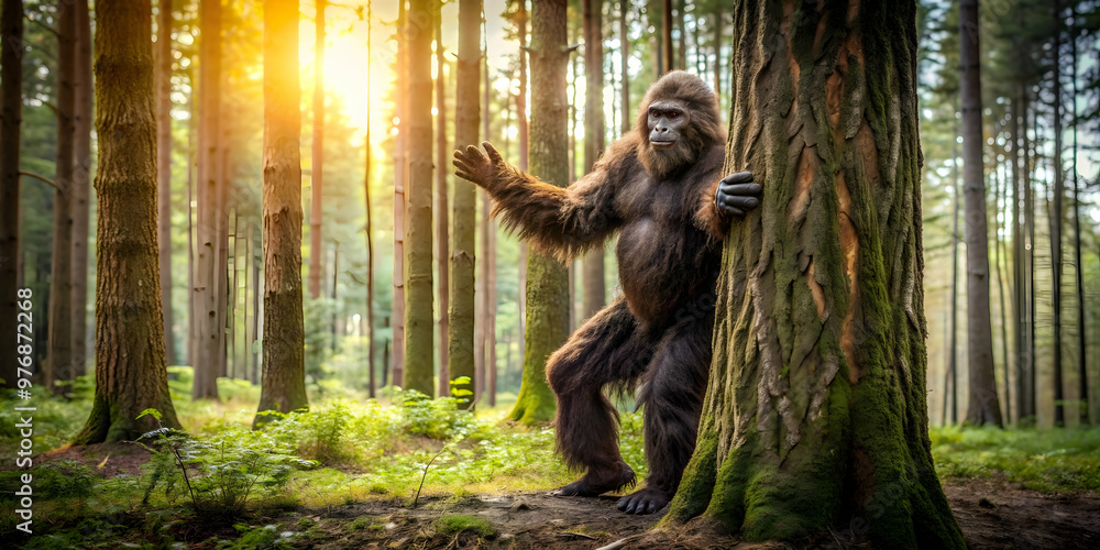 Bigfoot creature knocking on a tree in the forest, Bigfoot, cryptid ...
