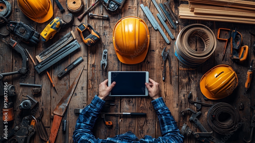 A workbench covered with construction tools, a hard hat, and a tablet ...