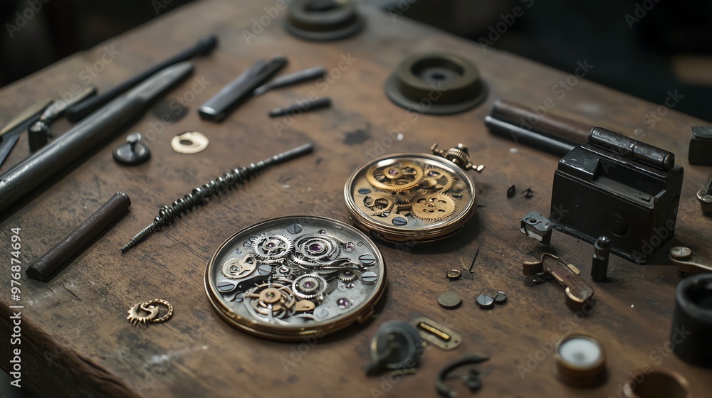 A watchmaker's workbench with the disassembled parts of a watch. Stock ...