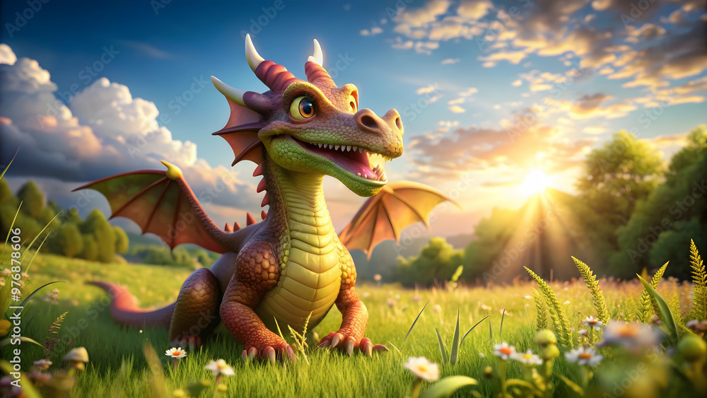 Whimsical of a friendly dragon playing in a meadow, dragon, fantasy ...