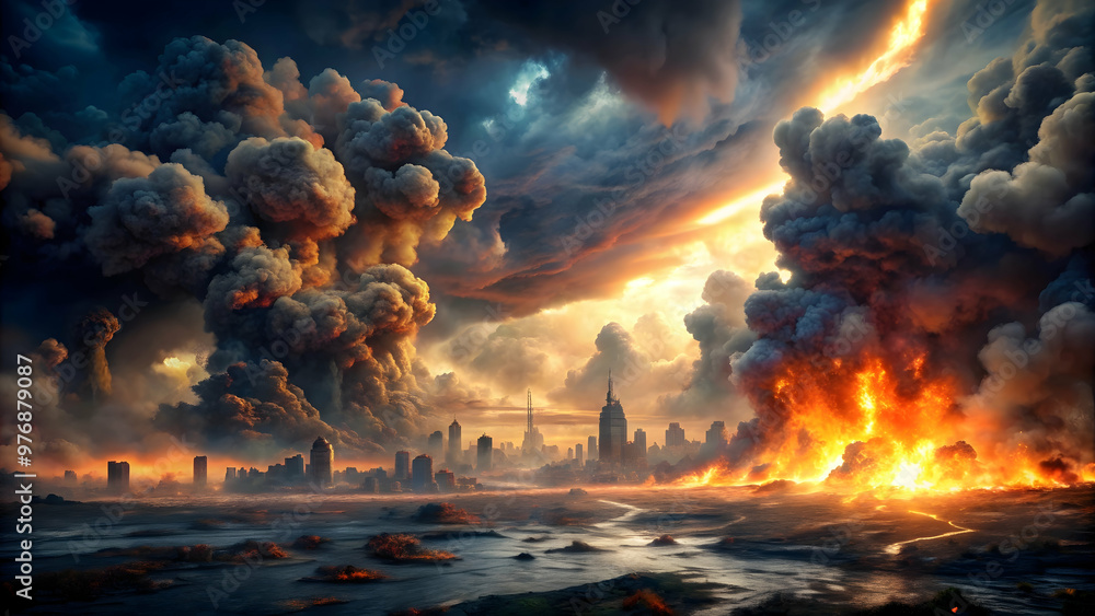 Dramatic photo of the end of the world with dark clouds, destruction ...