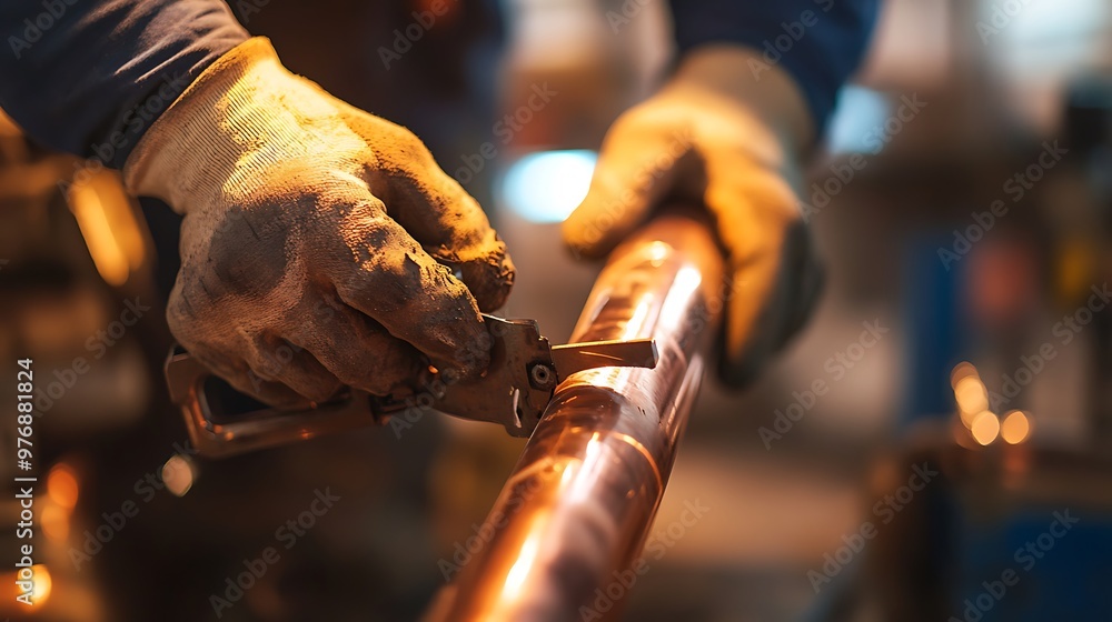Hands holding a pipe cutter, slicing through a copper pipe under bright ...