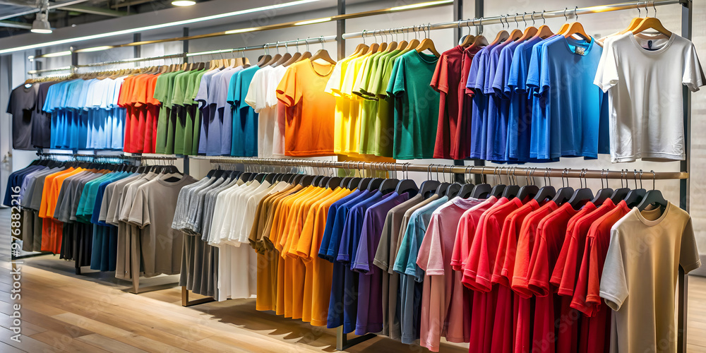 T-shirts hanging on display racks in a clothing store, T-shirts ...