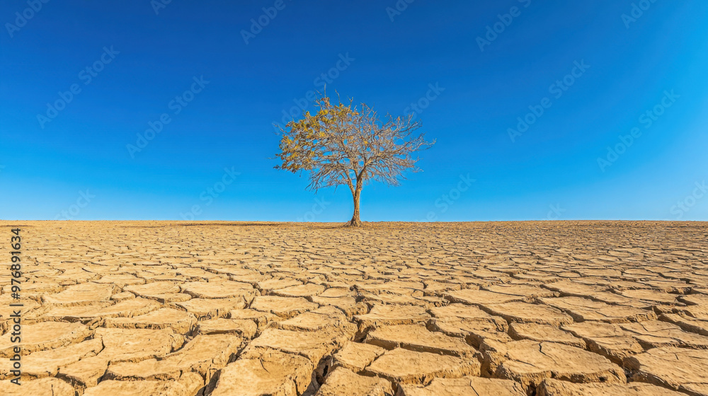 Lone tree standing on dry, cracked earth under a clear blue sky ...