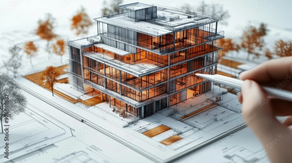 A realistic close-up of a CAD rendering of a multi-story building ...