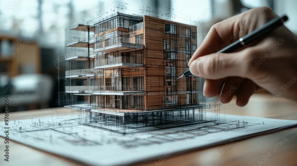 A realistic close-up of a CAD rendering of a multi-story building ...