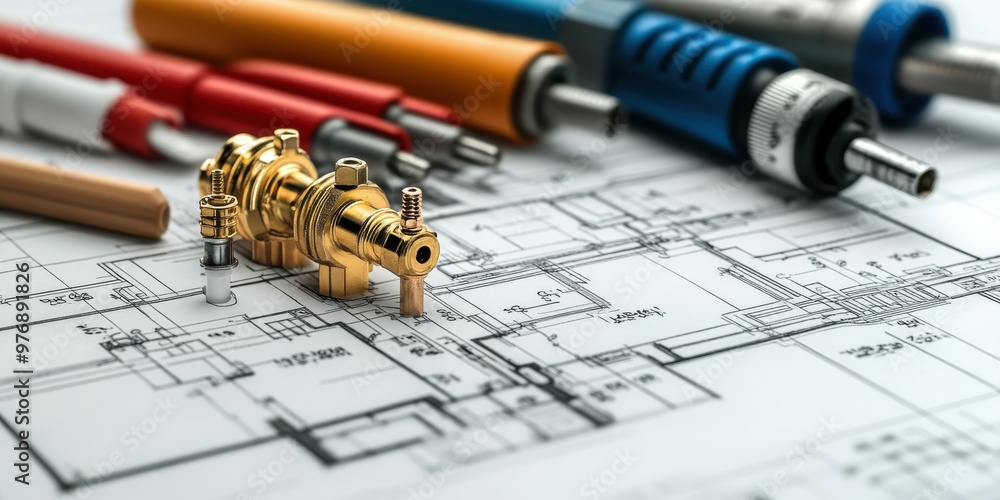 A close-up photo of a CAD-generated technical drawing for a residential ...