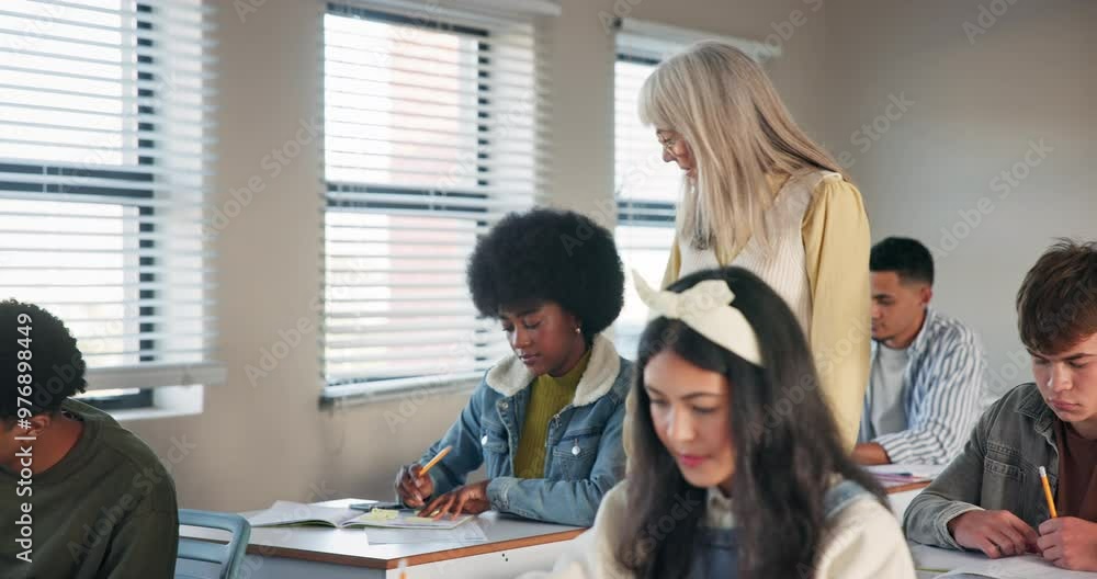 Teacher, walking and classroom lesson with students, speaking and ...