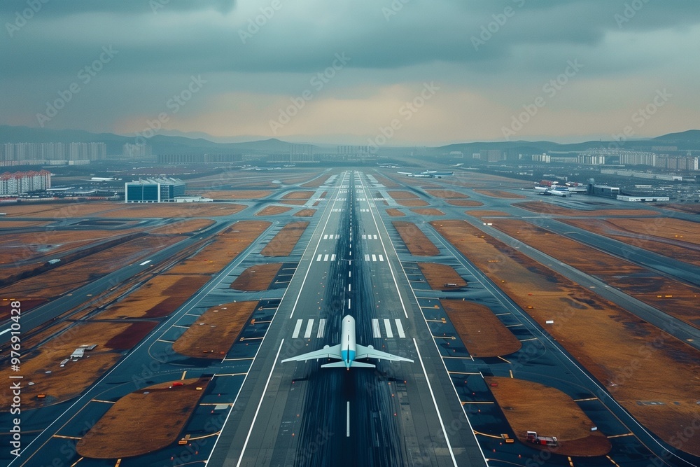 Aerial top view of airport with airplane running on runway Stock Photo ...
