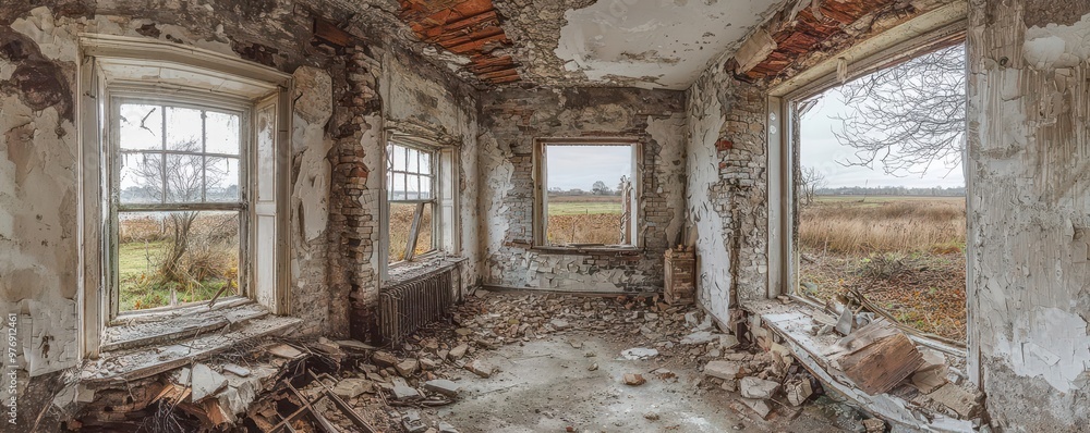 The desolate interior of a ramshackle farmhouse reveals collapsing ...