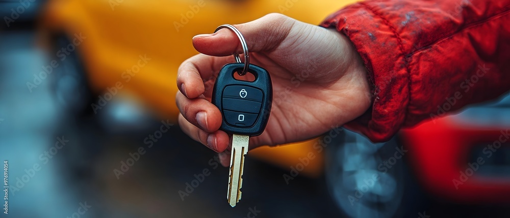 human hand holding a car key, a car parked nearby. businessman handover ...