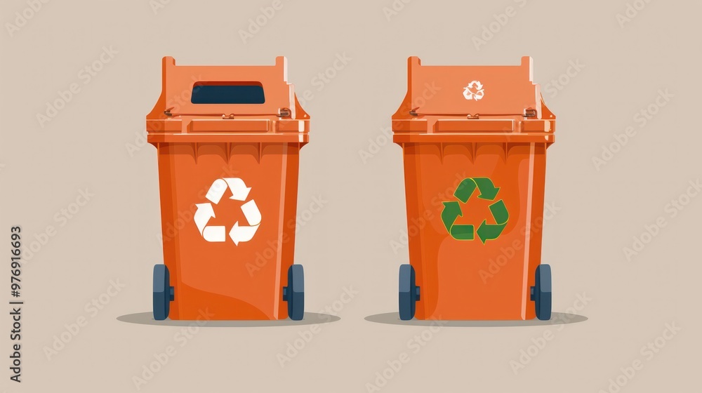 Open and closed orange trash bins with recycle symbols, flat style ...