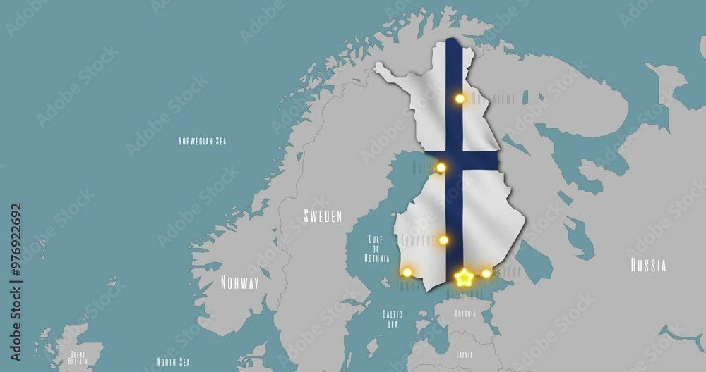 Map of Finland in the colors of national flag. The capital and major ...