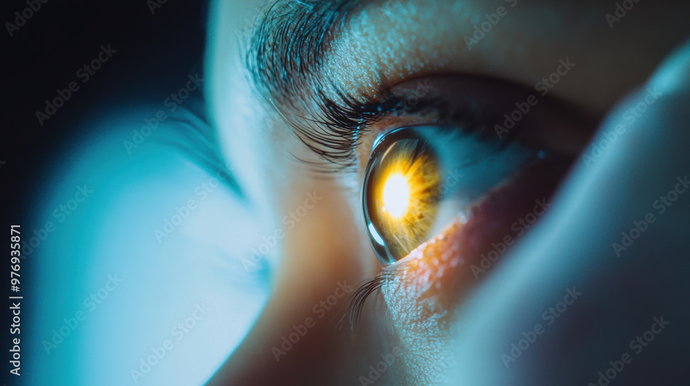 close up view of an eye reveals intricate details, showcasing iris and ...