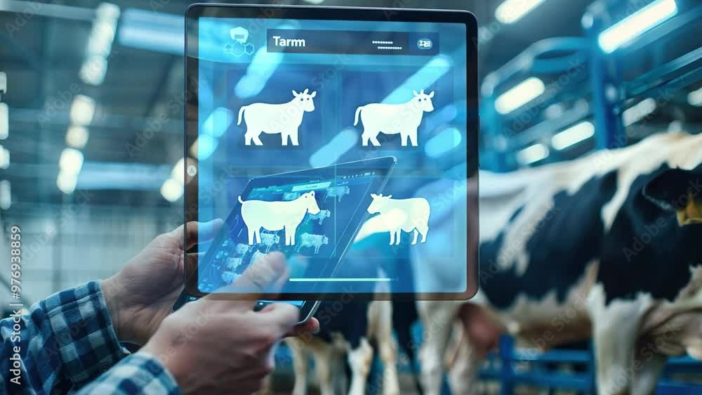 A farmer using a tablet to control robotic arms milking cows in a ...