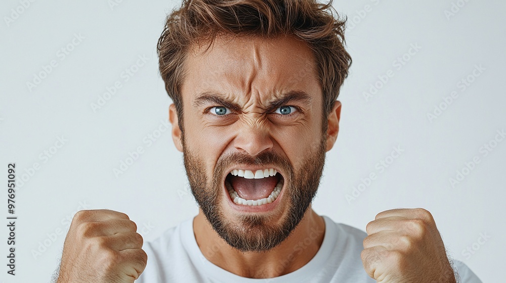 Raw Fury: A man with a fierce expression, clenched fists, and a ...