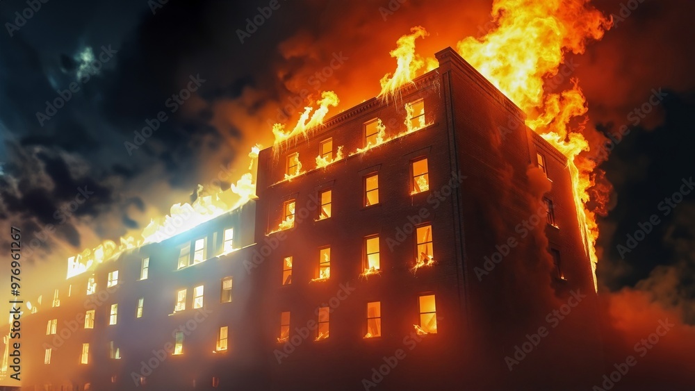 Brick Building Inferno, A dramatic night scene depicting a large brick ...