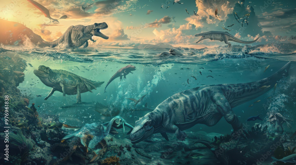 Artistic representation of ancient marine life, showing reconstructed ...