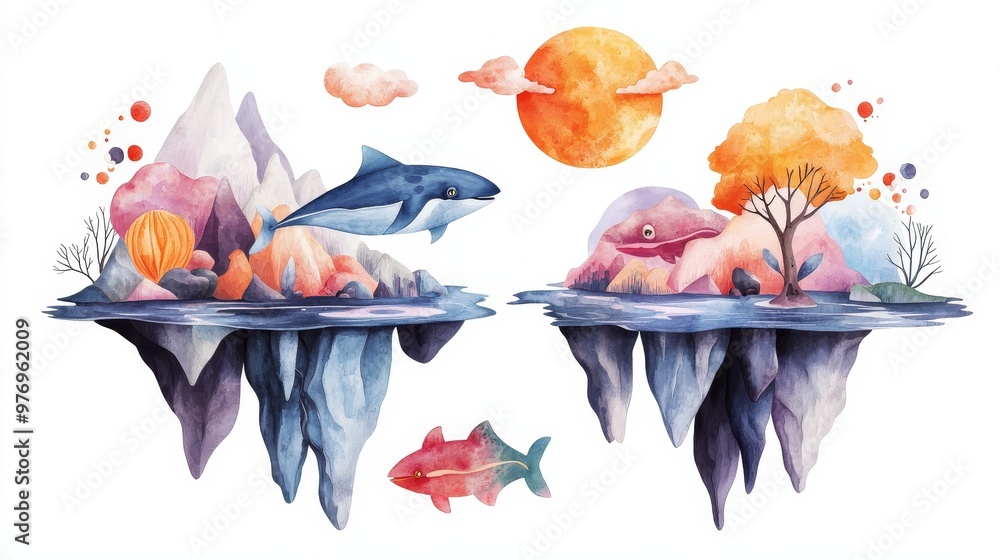 Illustrate a side view of a fantastical multiverse scene, featuring ...