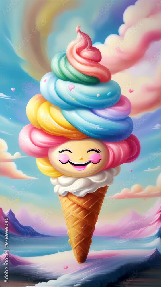 Delightful illustration of a rainbow-colored ice cream cone with a ...