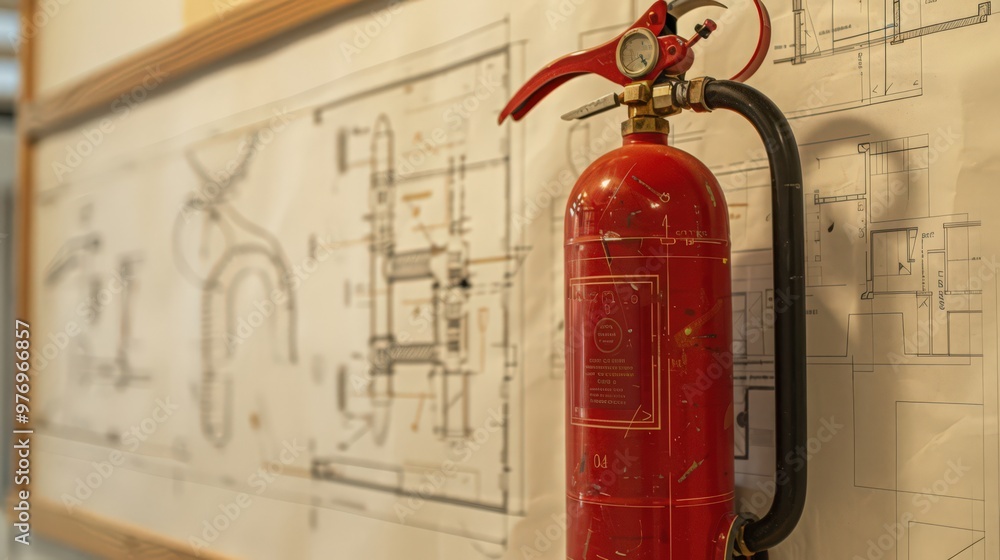 Blueprint of a fire extinguisher mounted on a wall, showcasing its ...