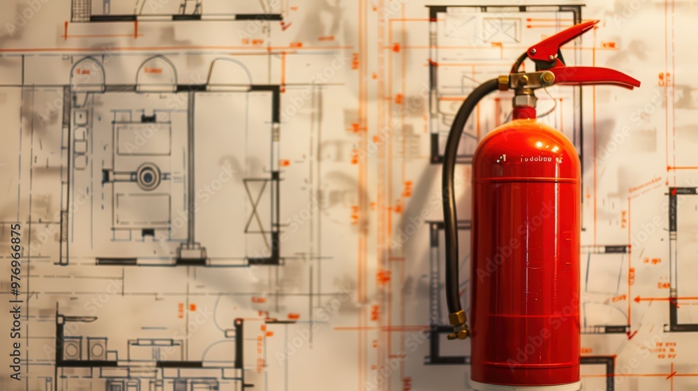Blueprint of a fire extinguisher mounted on a wall, showcasing its ...