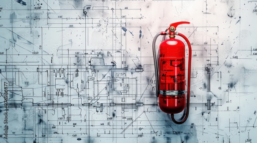 Blueprint of a fire extinguisher mounted on a wall, showcasing its ...