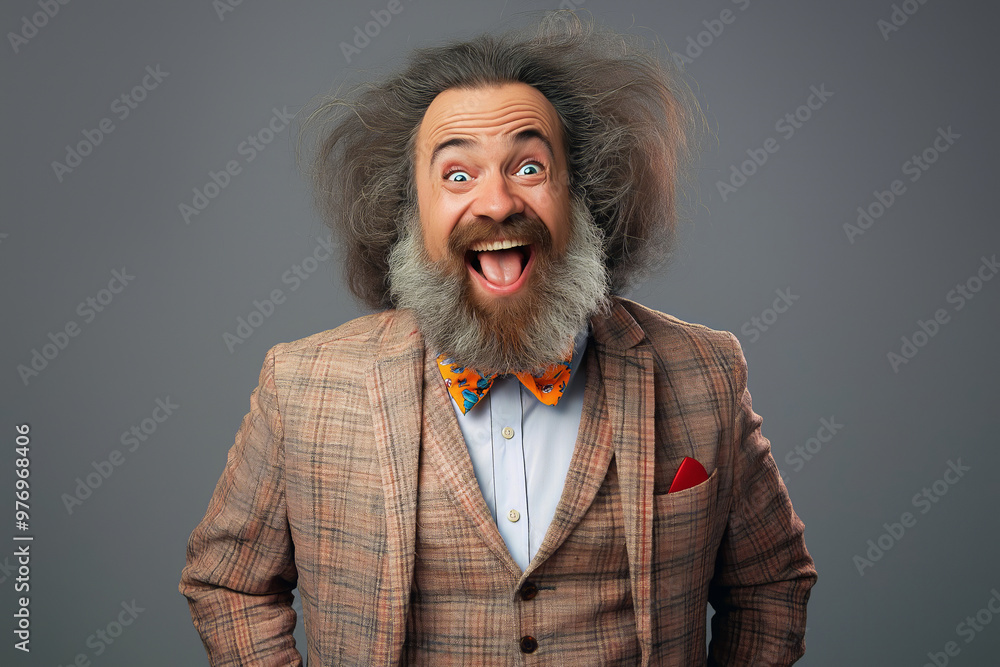 Portrait of an excited and eccentric man with wild hair and beard ...