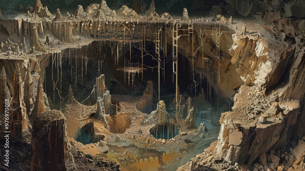 Cross-section of a cave system, highlighting stalactites, stalagmites ...