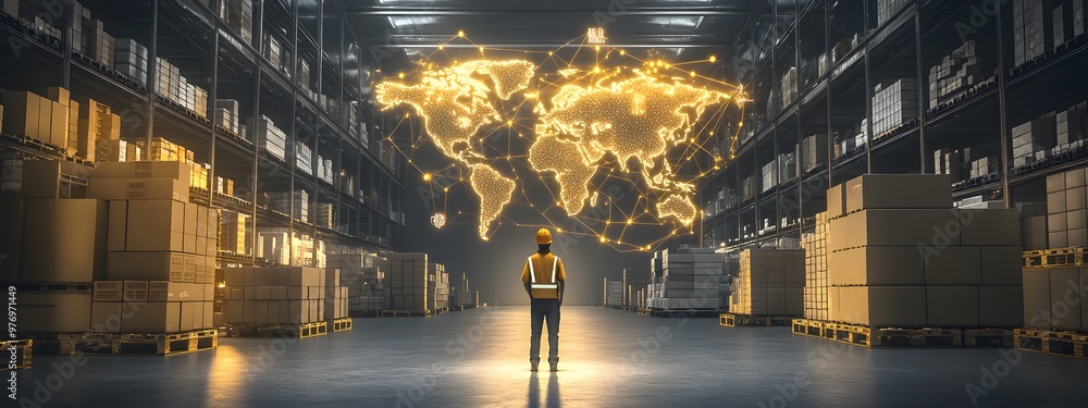 n industrial warehouse with an AR digital map of the world floating ...