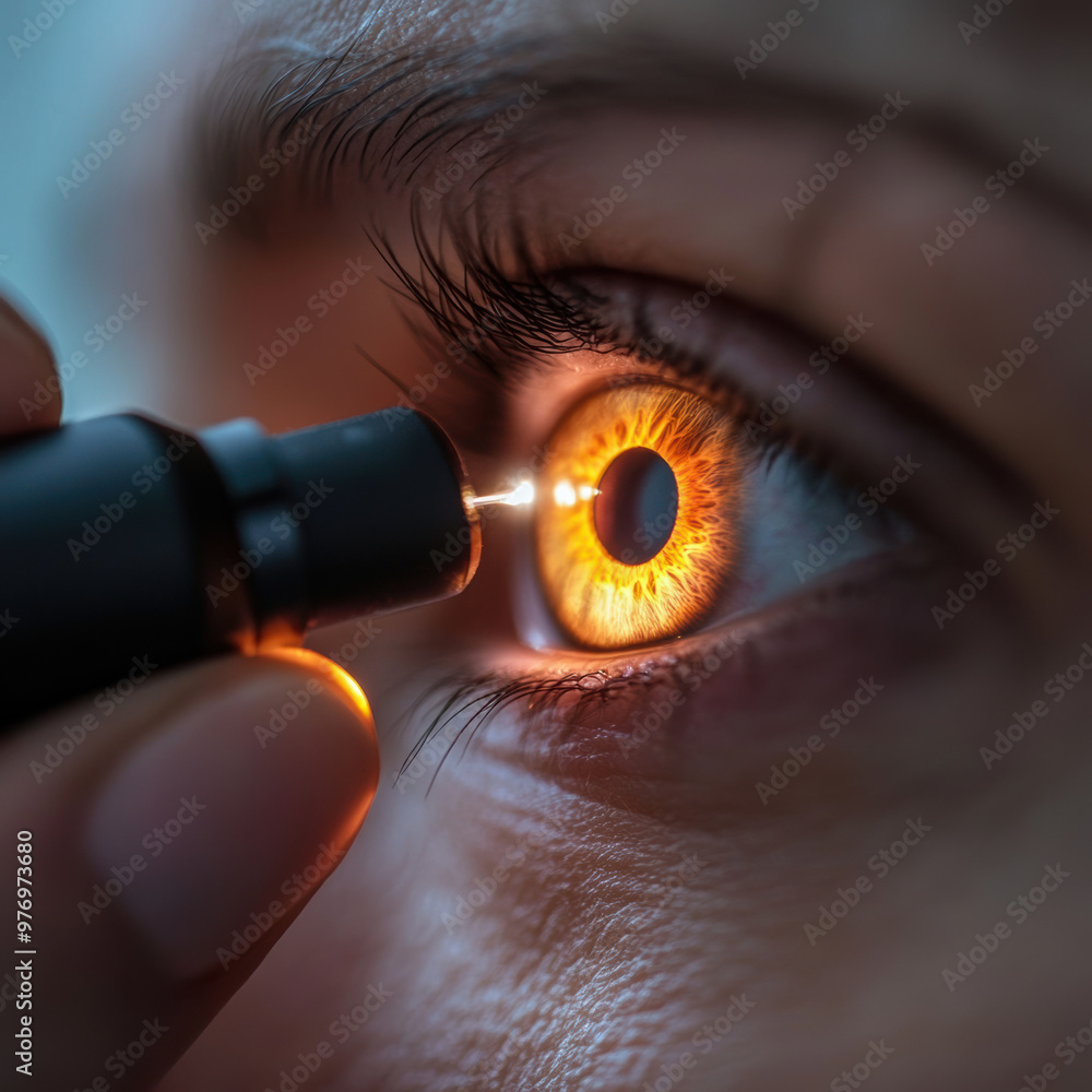 A doctor is examining patients eye with small flashlight, highlighting ...