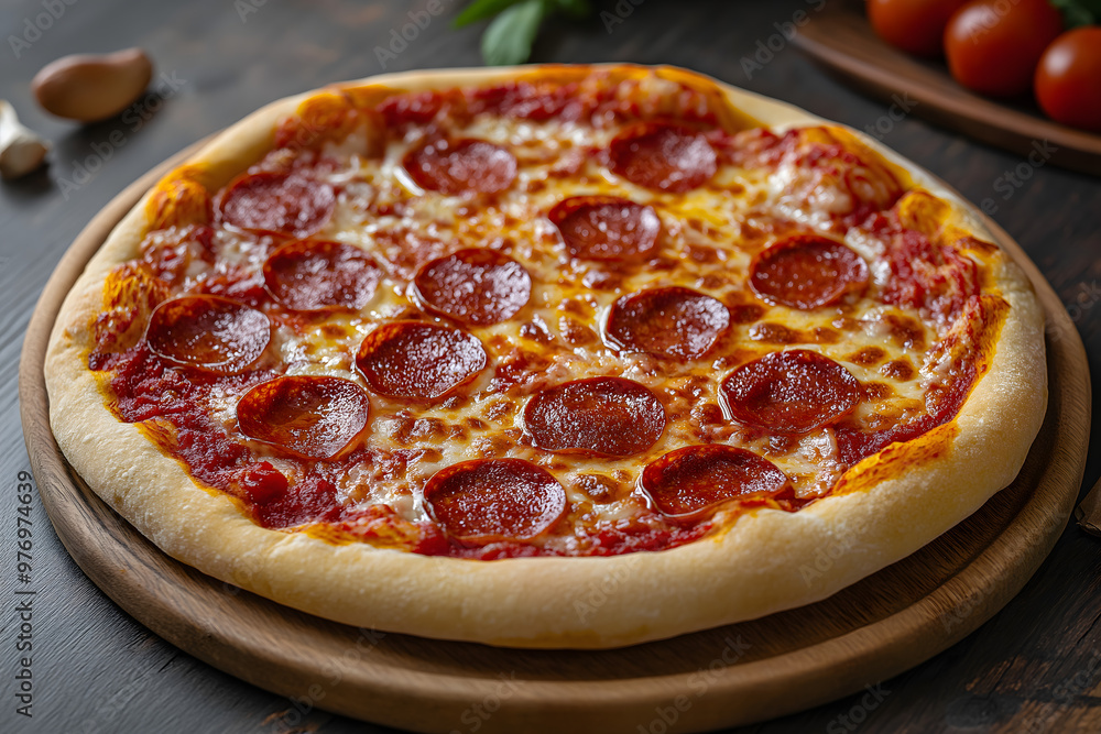 This ideal pepperoni pizza features a perfectly crisp crust with a rich ...