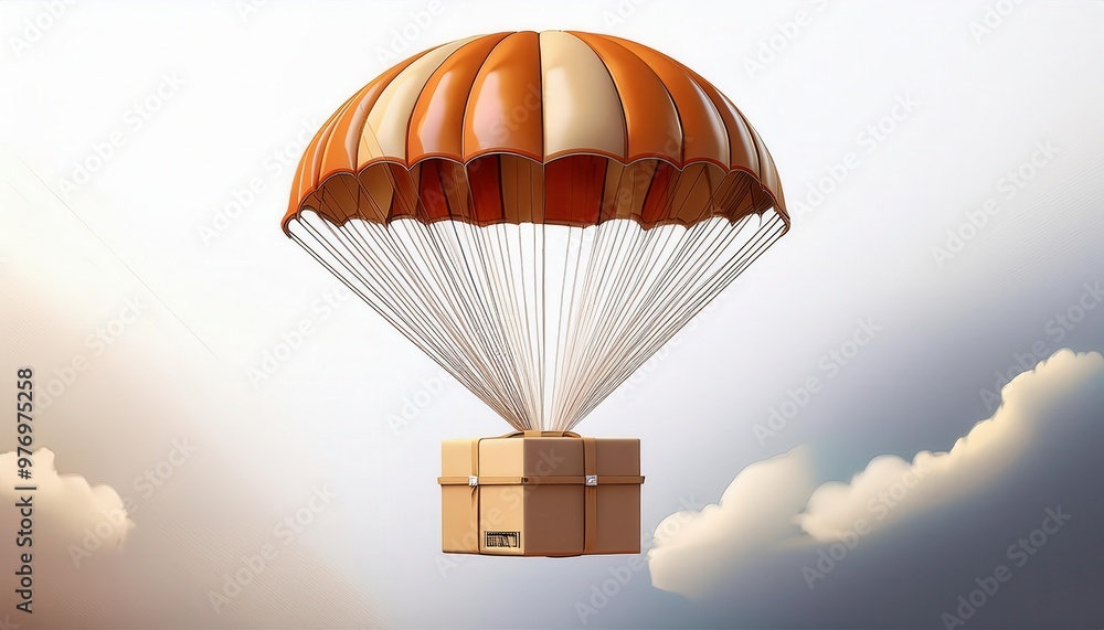 A cardboard box with a parachute descends through a cloudy sky. The ...
