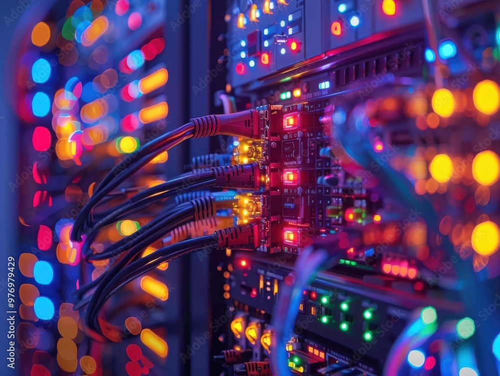 Colorful network server room with cables and LED indicators showing ...