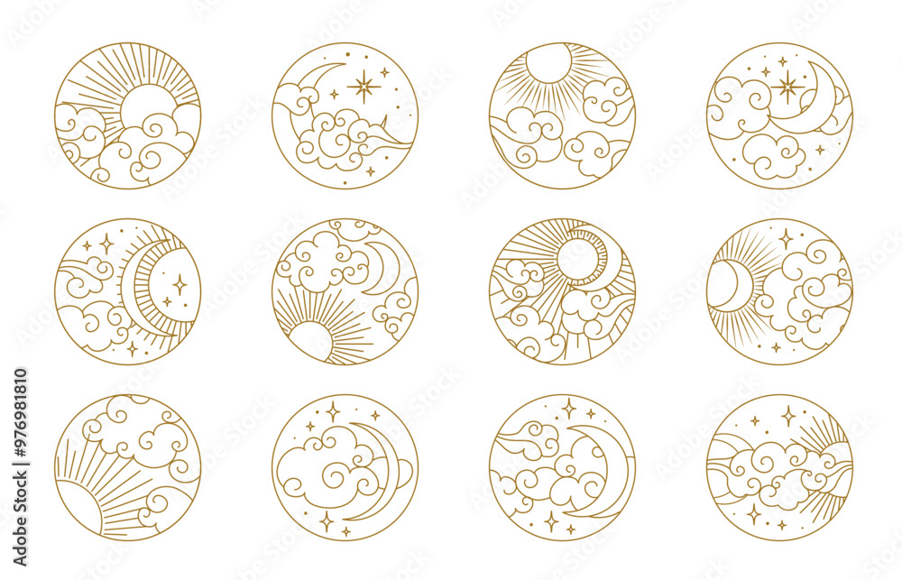 Chinese moon, cloud, sun, oriental asian art. Vector circles with line ...