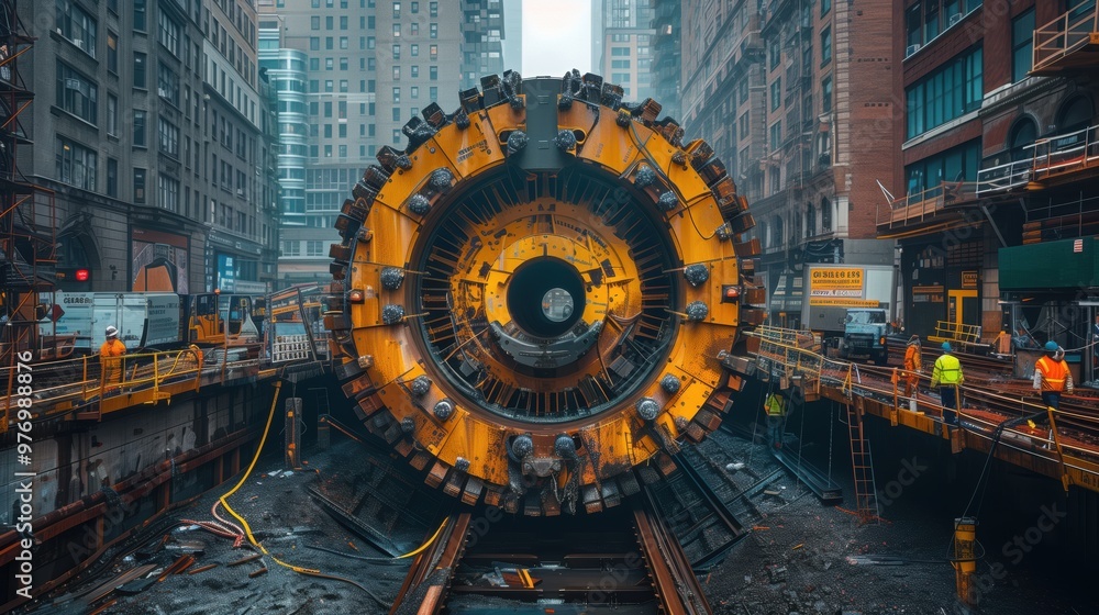 Tunnel Boring Machine Operating in Urban Environment. Giant tunnel ...