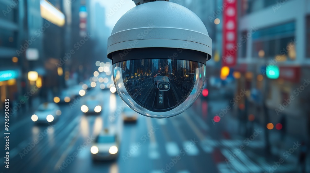 Dome Surveillance Camera Overlooking Busy City Streets. Dome-shaped ...