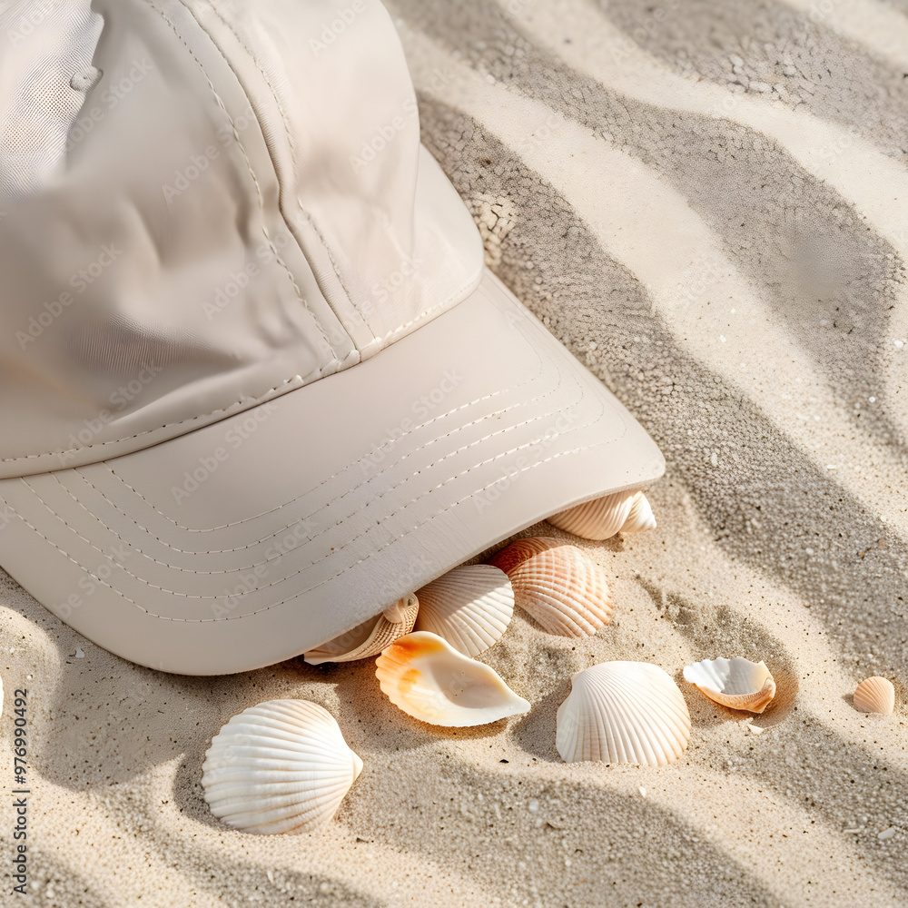 Neutral-colored cap, lying on the beach sand with the brim facing down ...