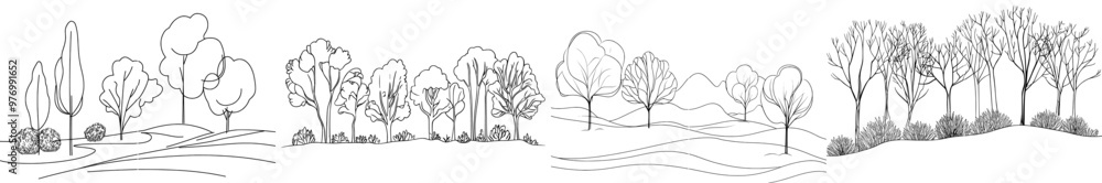 Drawing a continuous one line drawing of a green tree with a bush for a ...