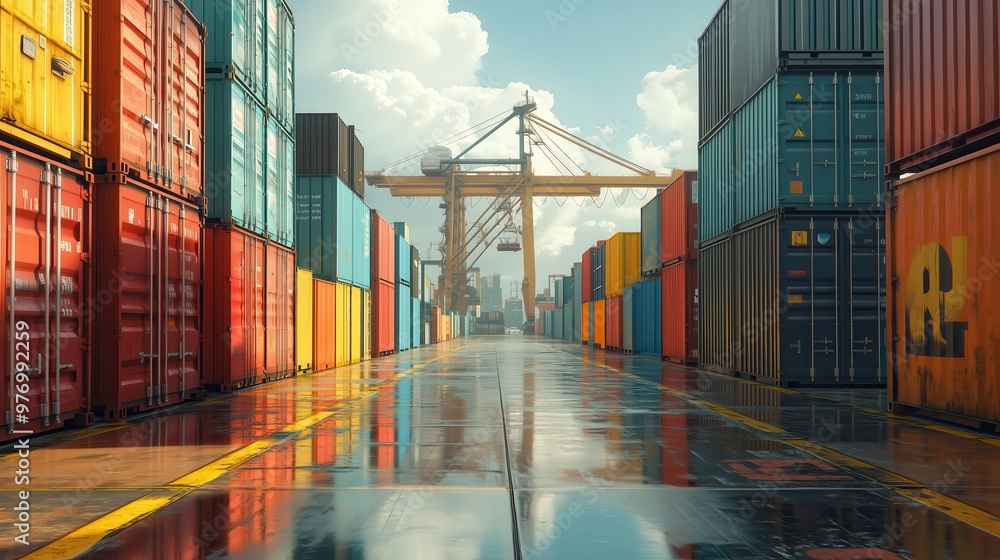 Colorful containers in open port with crane. Busy container port with ...