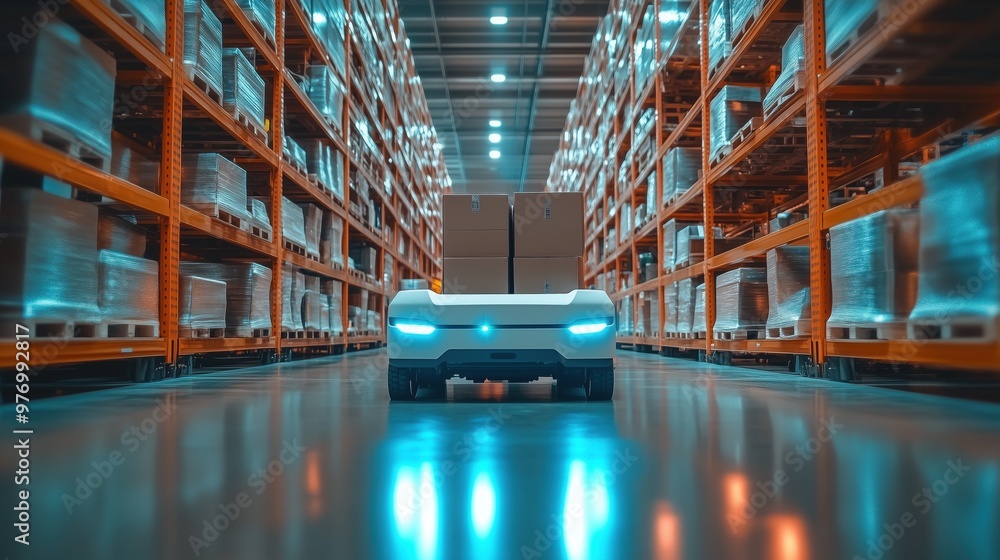 AGV transporting packages in a warehouse. Automated Guided Vehicle (AGV ...