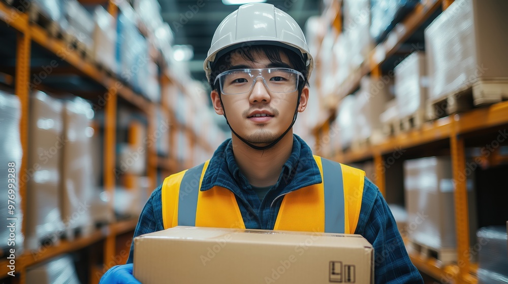 Warehouse worker wearing a safety vest and helmet holds a package in a ...
