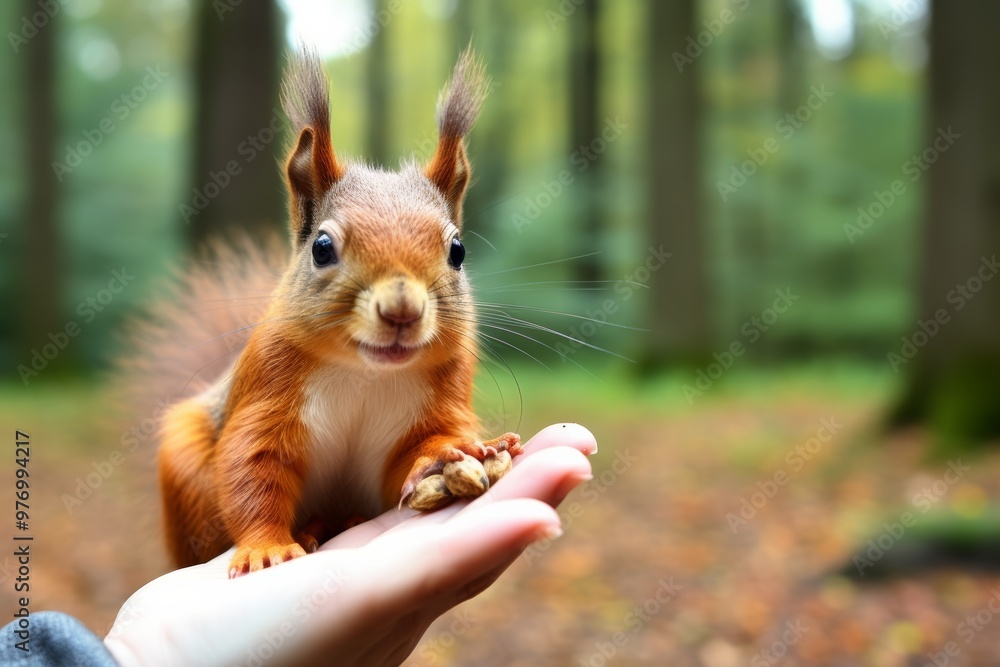 Squirrel taking food from a human hand in a park, representing animals ...