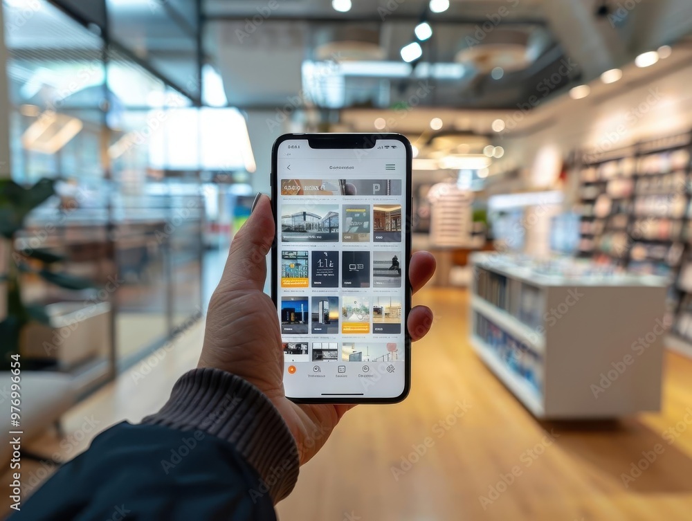Person holding smartphone browsing app in modern store, showcasing ...