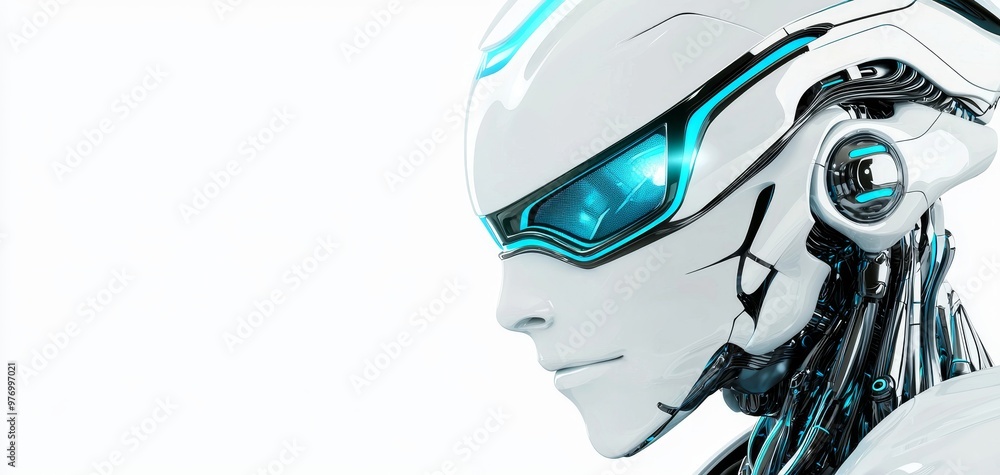 Render a futuristic humanoid robot in a CG 3D style with sleek metallic ...