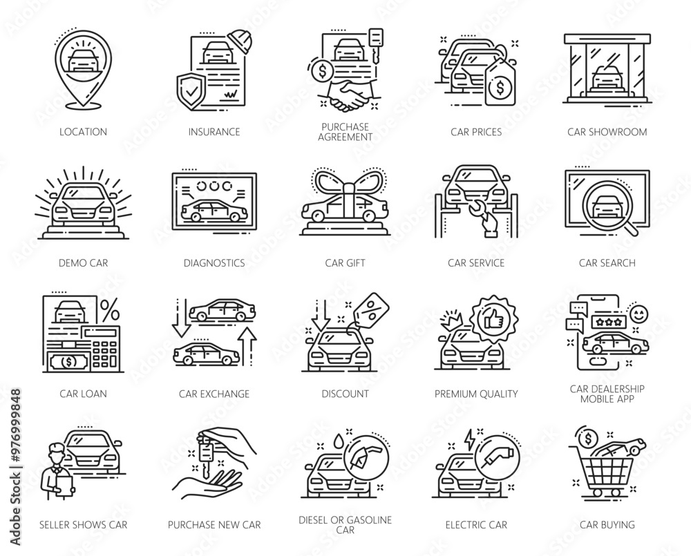 Dealership line icons of car auto dealer, automotive vehicle sale and ...