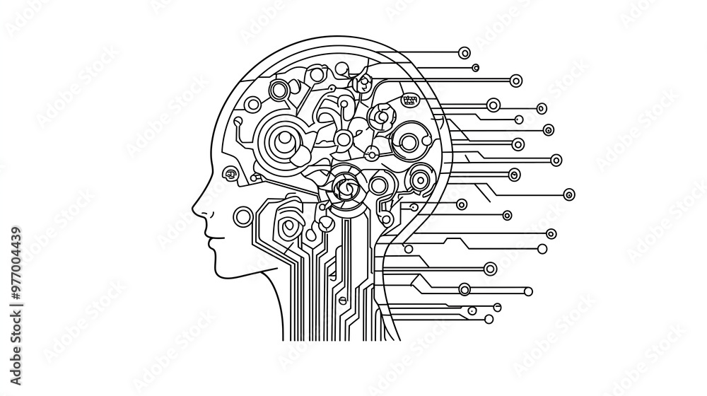 Artificial Intelligence line art vector logo of a woman head with gears ...