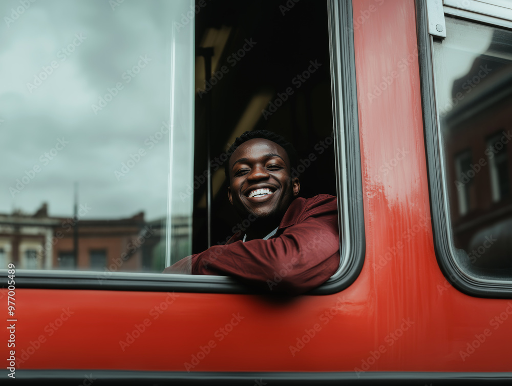 Smiling Man Looking Out of a Red Train Window, Capturing Joy and ...